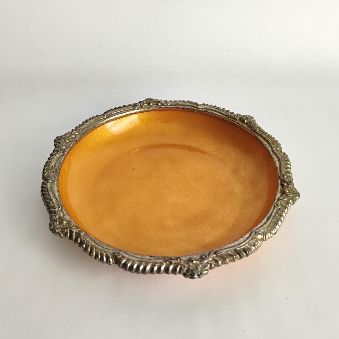 Royal Bovano Orange Enamel Metal Rim Glass Bowl, Scalloped Metal Rim ...