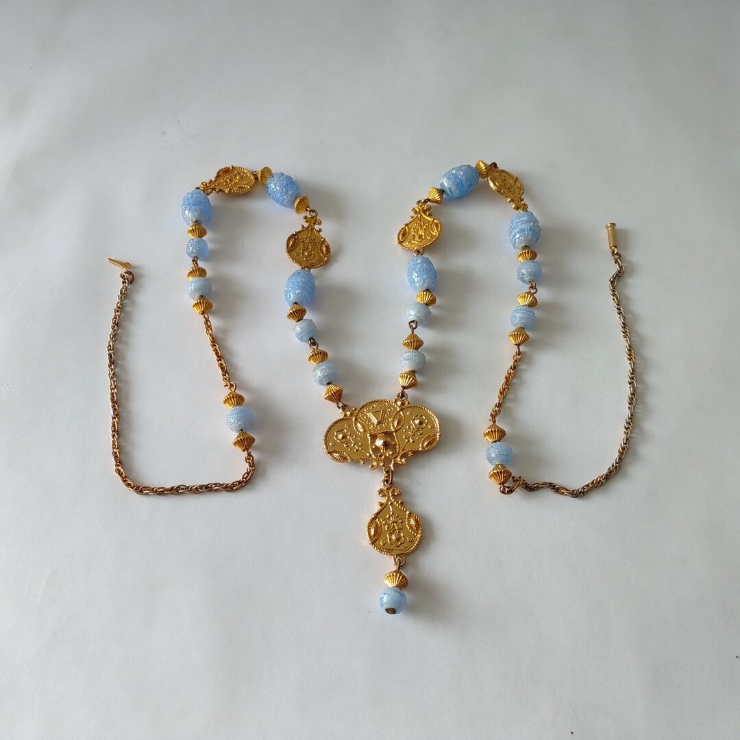 Tortolani Crislu Gold Tone Blue Art Glass Bead Pendant Necklace, Vintage Tortolani Necklace ...