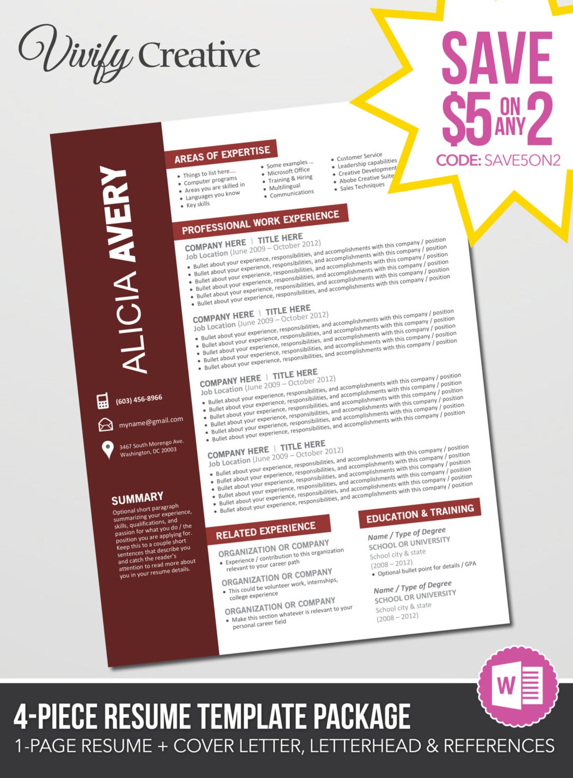 Resume Design Template Cover Letter References Instant | Etsy