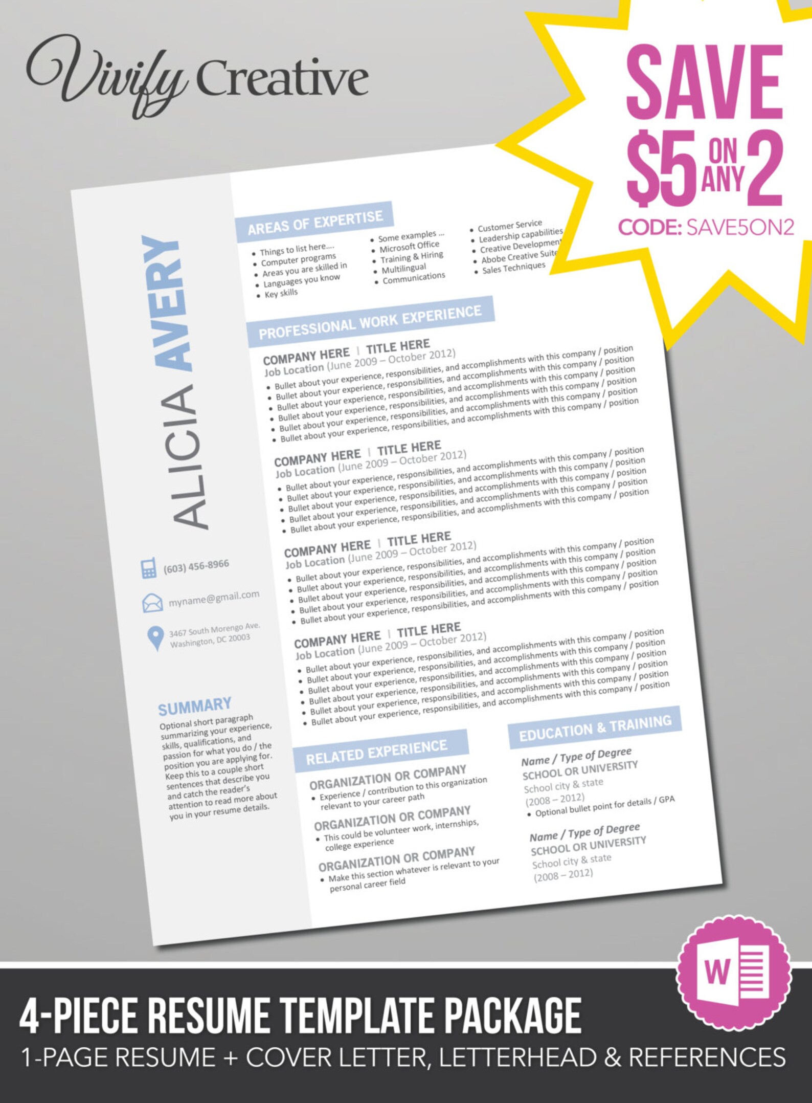 Resume Design Template Cover Letter References Instant - Etsy