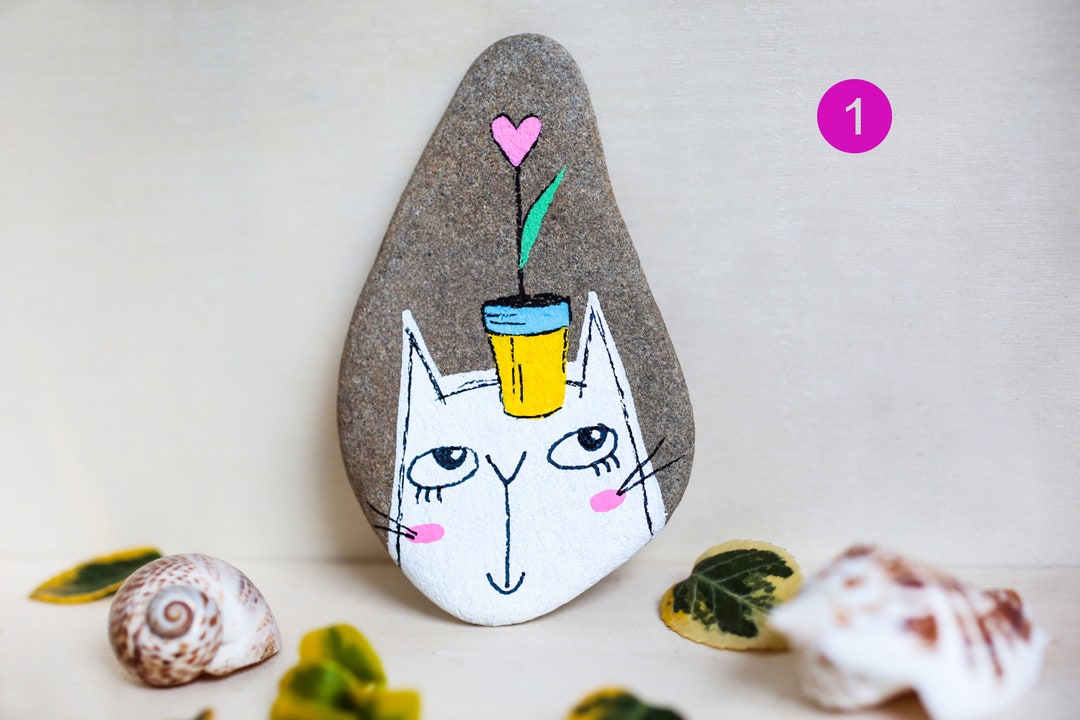 Cat Pebble Art, Decorated Stone-cat, Handpainted Pebble, Gift for Cat ...
