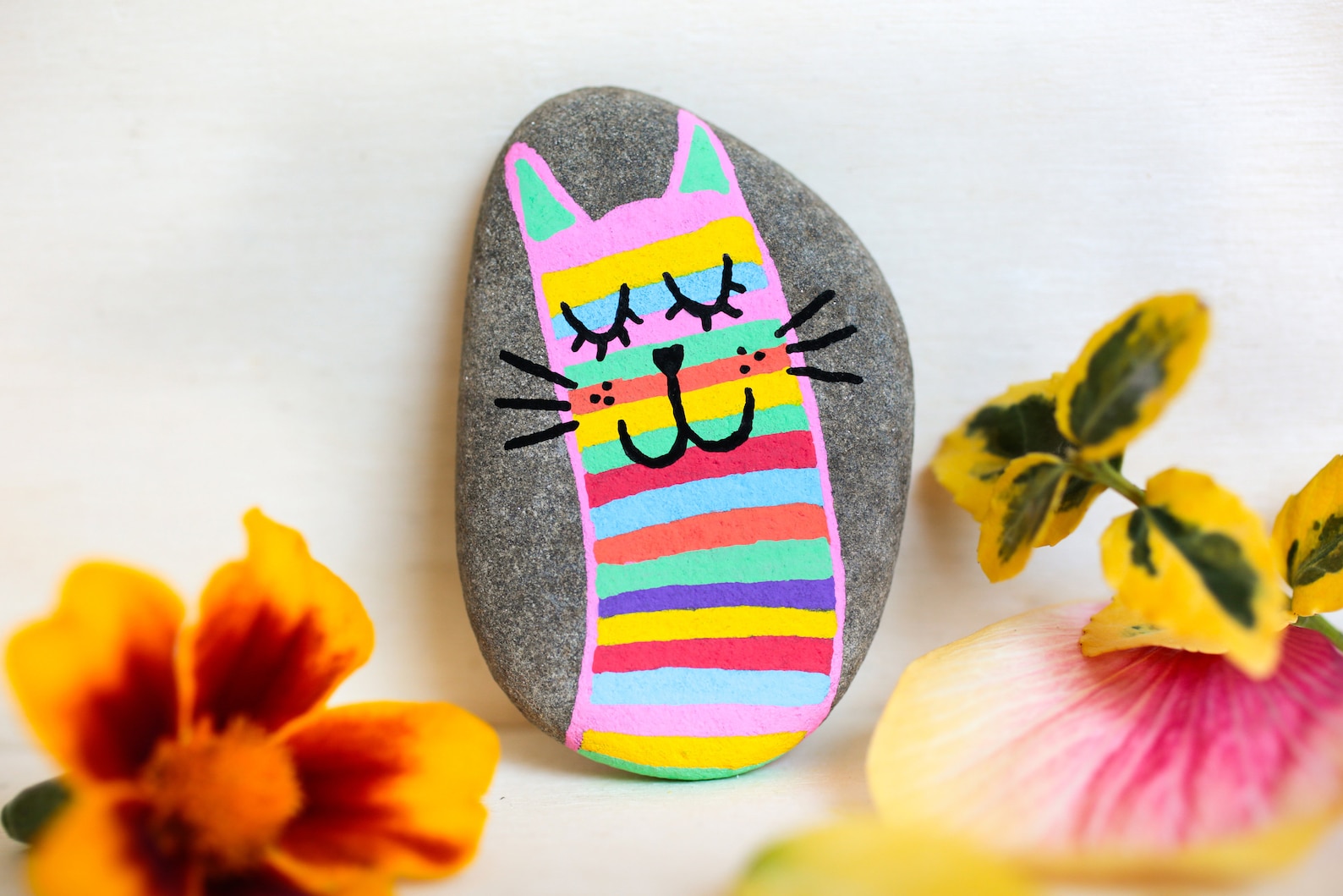Rainbow Cat Pebble, Hand Painted Stone, Painted Pebble, Decorated Stone ...