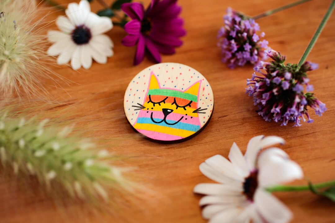 Cat Magnet, Wooden Cat Magnet, Wooden Magnet, Rainbow Gift, Cute Cat ...