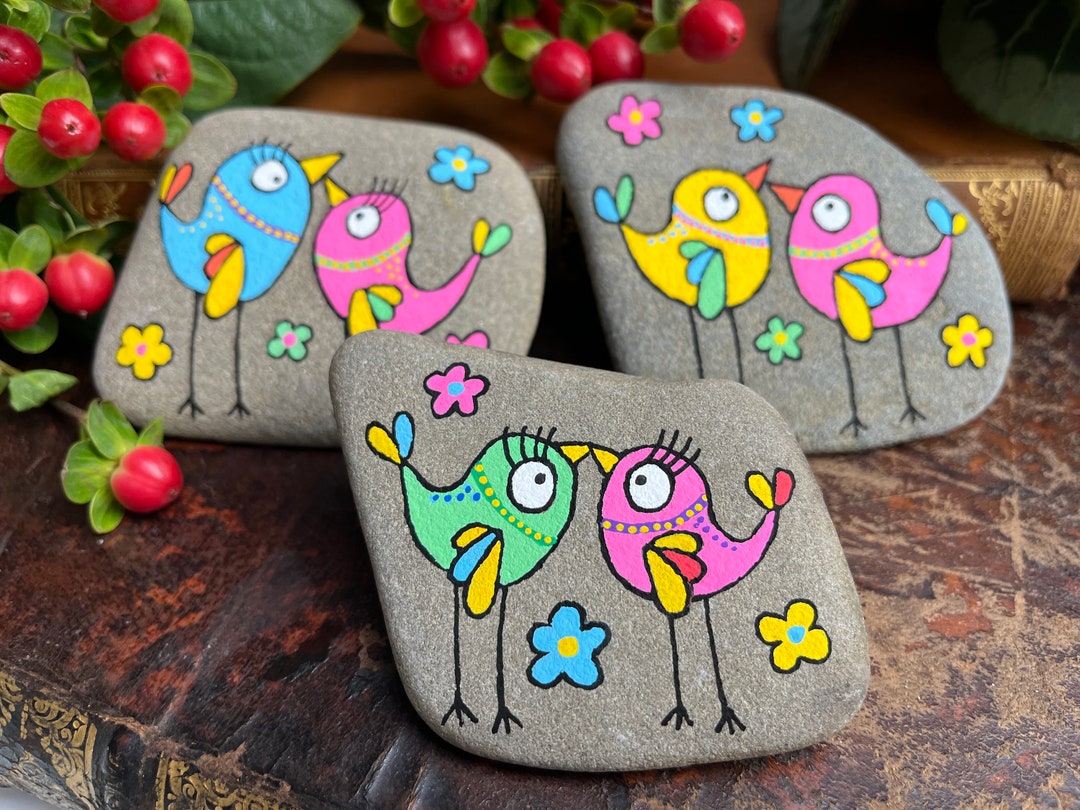 Romantic Painted Stone, Anniversary Gift, Lovely Birds, Hand Painted ...
