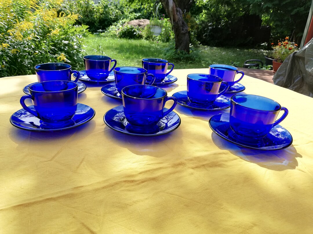 Cobalt Blue Glass Tea/coffee Cups and Saucers, Vintage Glass, Gift Idea ...