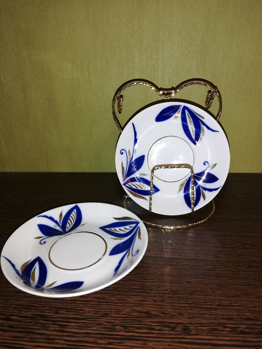 Vintage 1 Cake Plate and 2 Saucers 1970s Age, Blue, Gold,restaurant ...