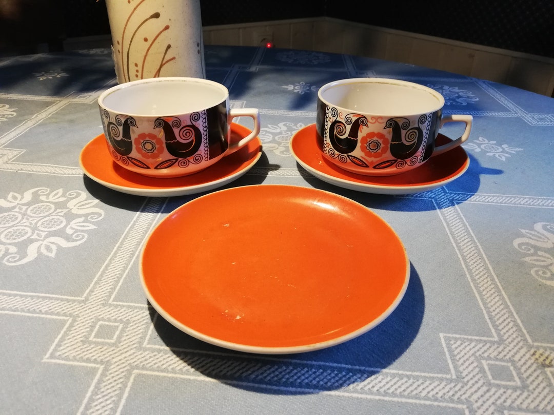 RPR Riga Porcelain Factory Big Tea/ Coffee Cup and Saucer With Rooster ...