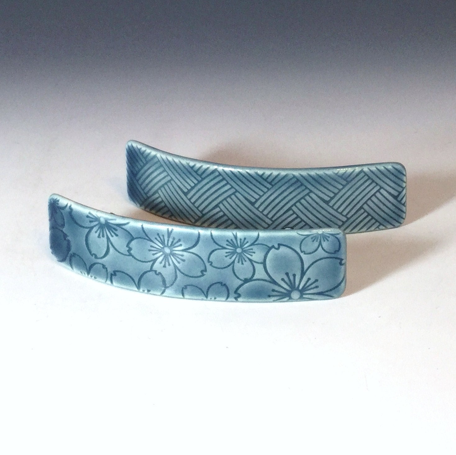 Large Ceramic French Barrette, Blue Porcelain Barrette, Cherry Blossom ...