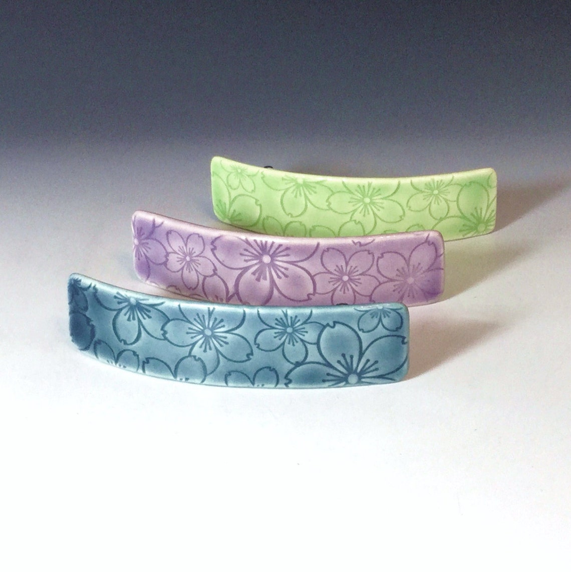 Large Ceramic French Barrette, Blue Porcelain Barrette, Cherry Blossom ...