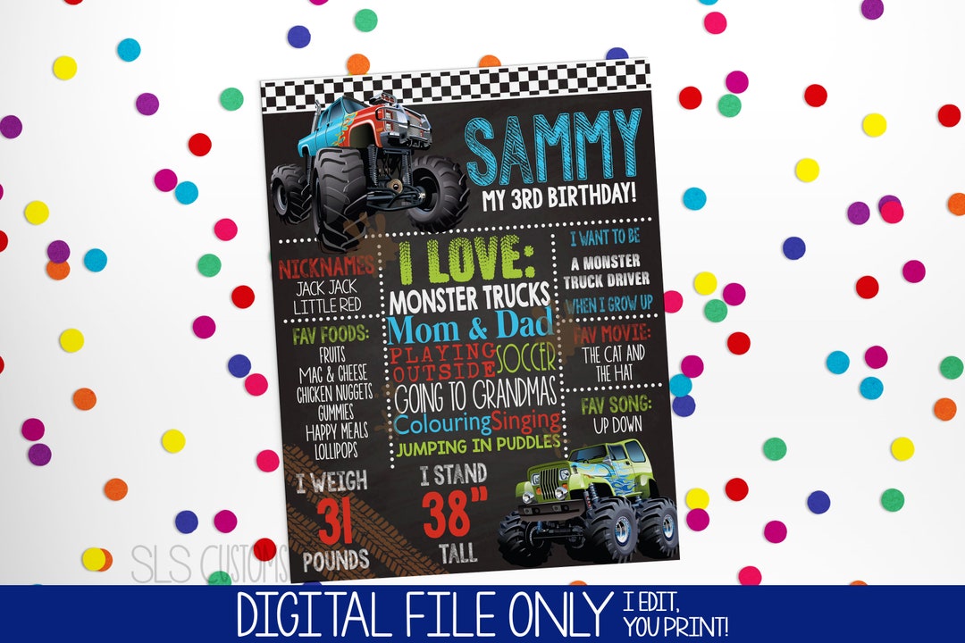 Monster Truck Themed Printable Chalkboard Sign! Perfect for Birthday's ...