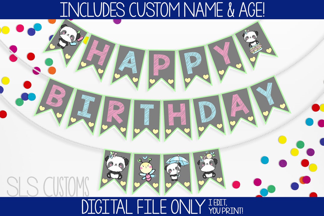 Panda Themed Printable Birthday Banner Includes Birthday Year & CUSTOM ...