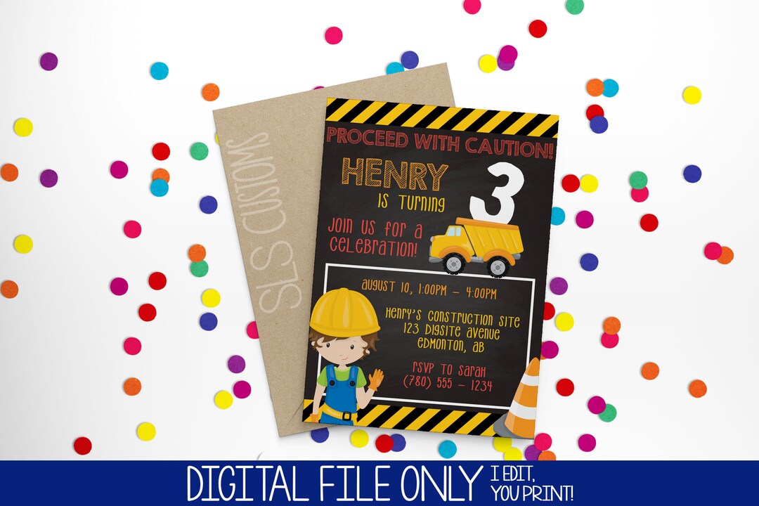 Construction / Builder Printable Birthday Invitations 4x6 or 5x7 Inches ...