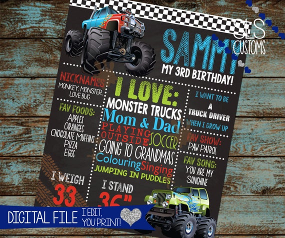 Monster Truck Themed Printable Chalkboard Sign Perfect for | Etsy