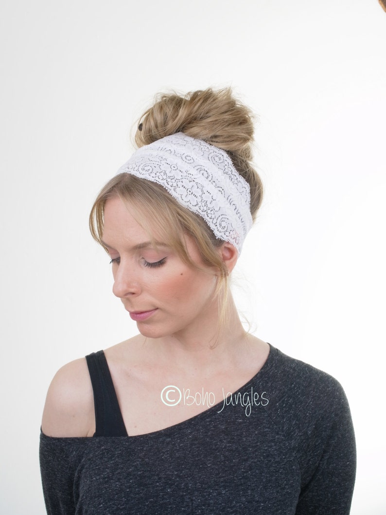 White Lace Headband Wide Lace Stretchy Headband Hairband Etsy Uk