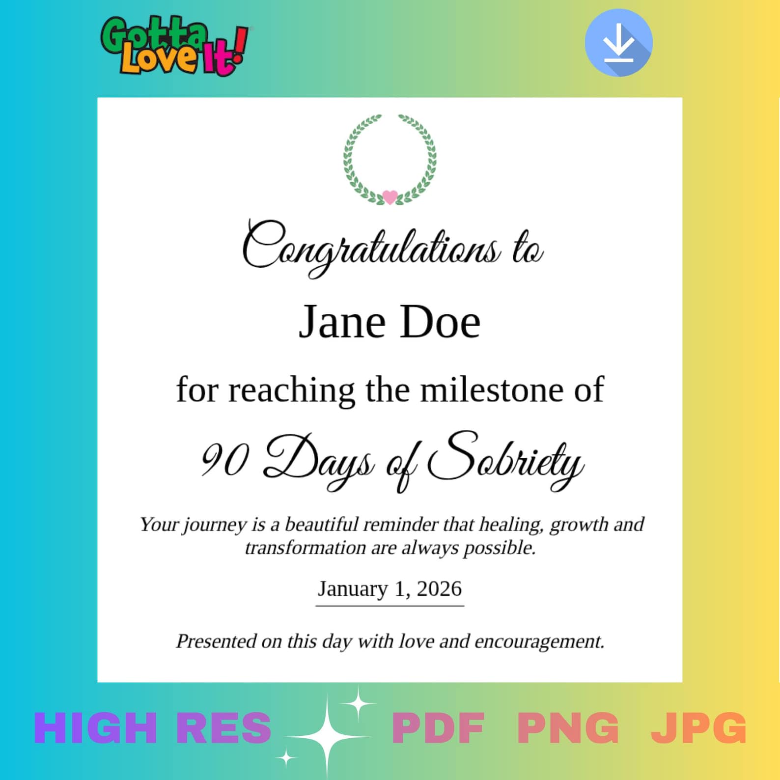 Sobriety Certificate - 90 Days Milestone - Printable 8x10 Recovery ...