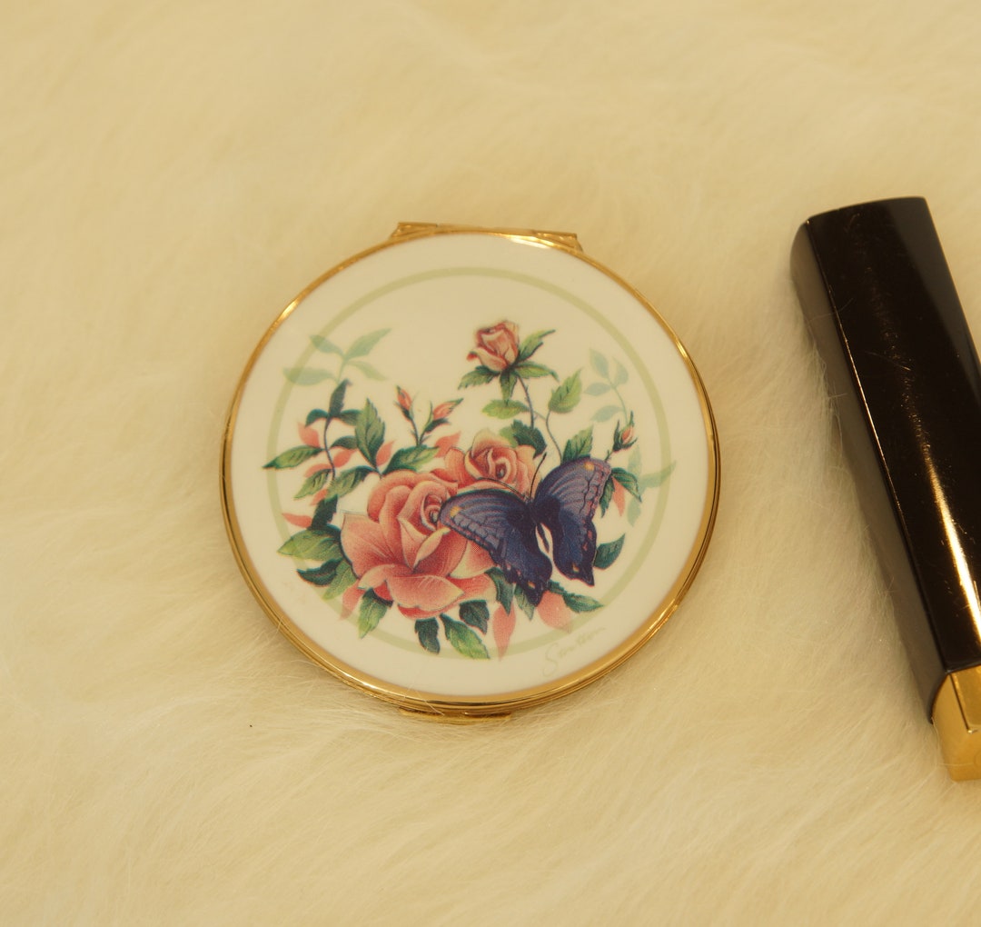Vintage Stratton Gold Compact With Pink Roses and Blue Butterfly ...
