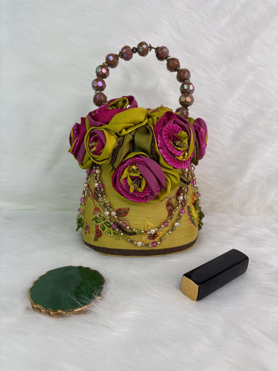 Mary Frances Purse Bucket Style Handbag, Greenish Yellow With Roses ...