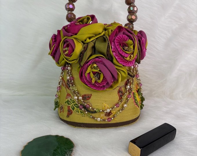 Mary Frances Purse Bucket Style Handbag, Greenish Yellow With Roses ...
