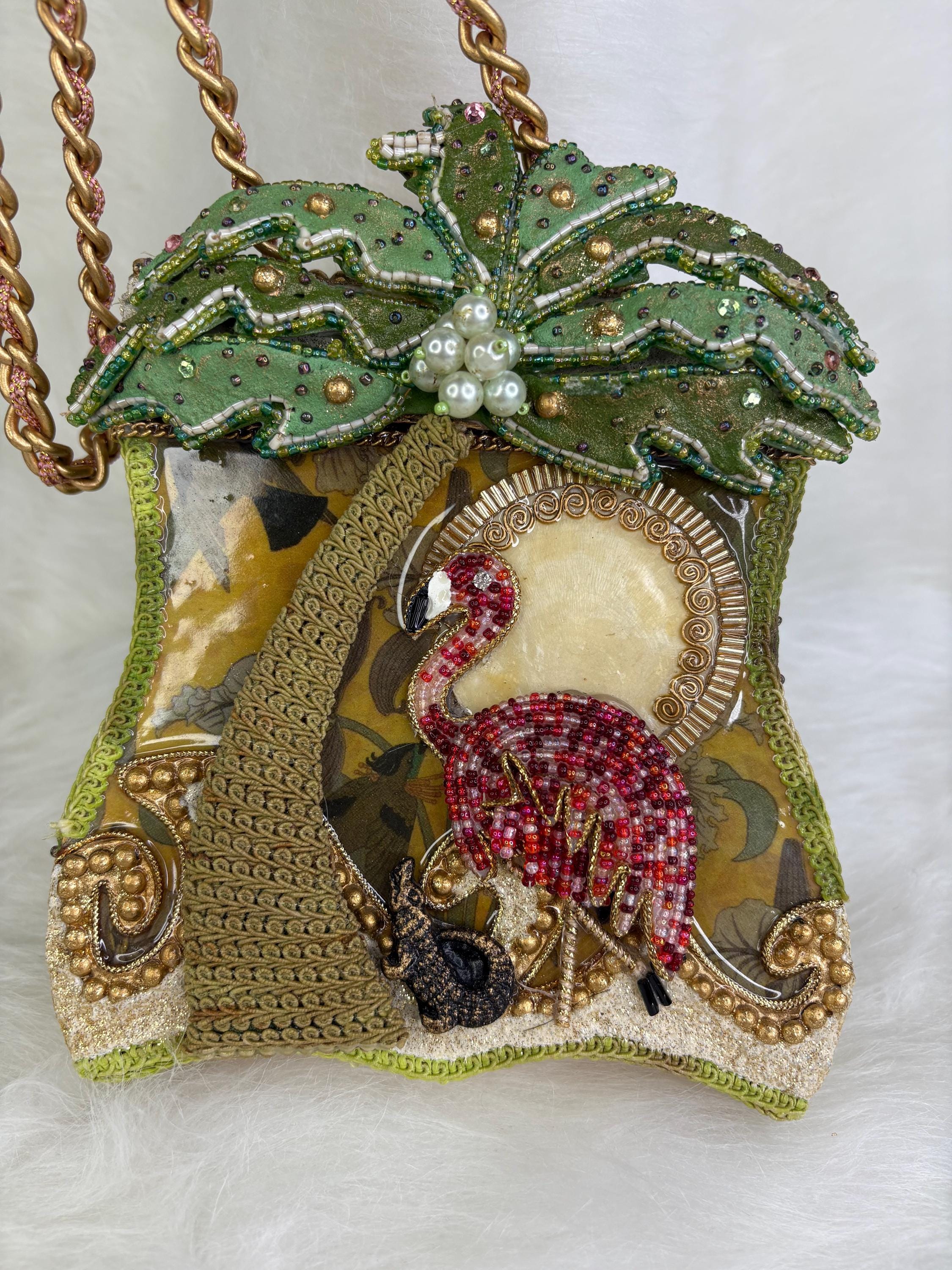 Mary Frances Flamingo Beaded Box Bag With Gold Chain Strap - Etsy