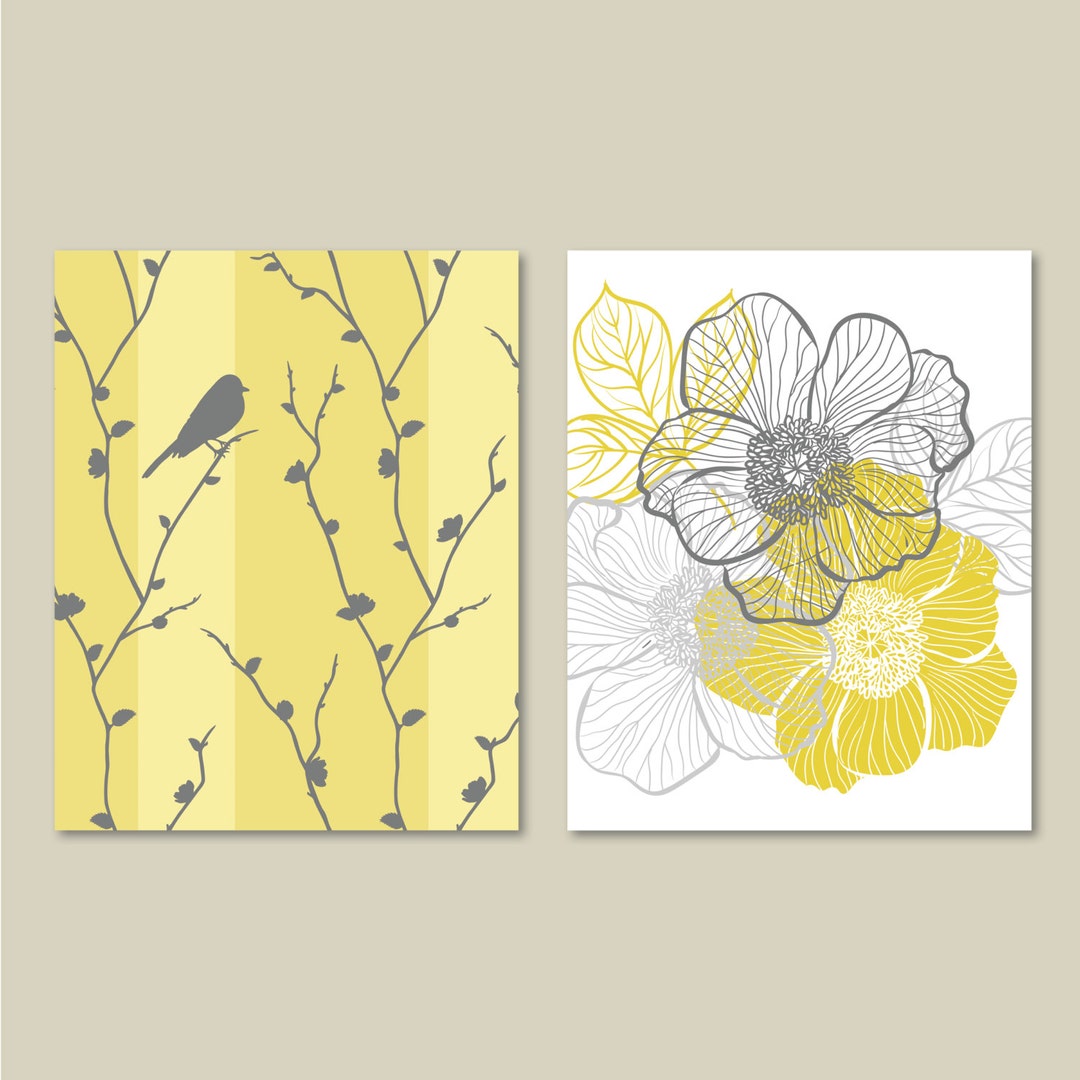 Abstract Floral Bird Print Set, Mustard Yellow & Gray Canvas Art - Etsy