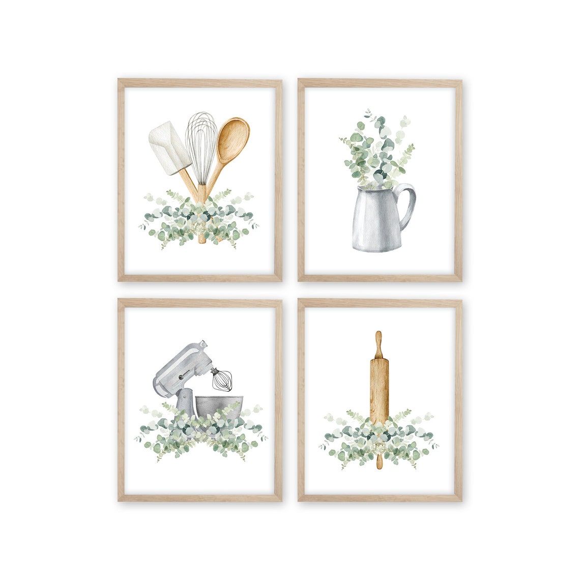 Watercolor Kitchen Prints Set: Eucalyptus & Utensils, Farmhouse Style ...