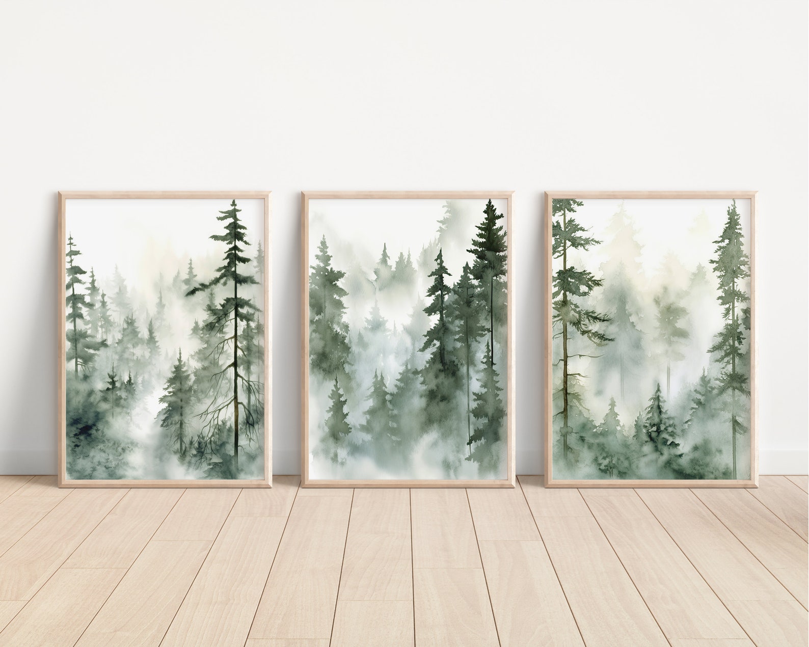 Misty Forest Wall Art Set of 3 | Moody Green Pine Tree Prints ...