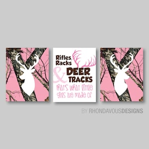 Pink Camo Deer Head Print Trio - Tree Camouflage Antlers Buck Hunting ...
