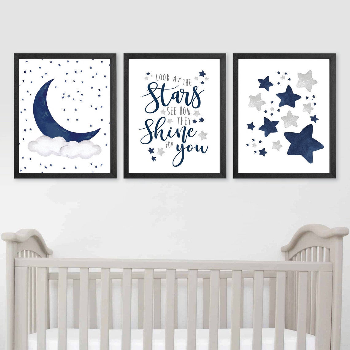Stars and Moon Nursery Decor, Set of 3 Watercolor Prints - Etsy