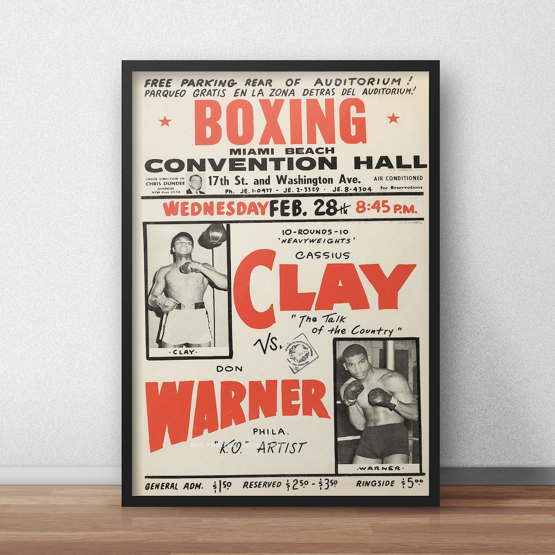 Cassius Clay Aka Ali Vs Warner Vintage Boxing Poster Famous Boxing ...