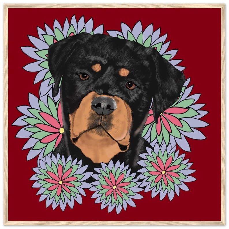 Framed Rottweiler and Florals Gouche Painting, Ready to Hang Art Print ...