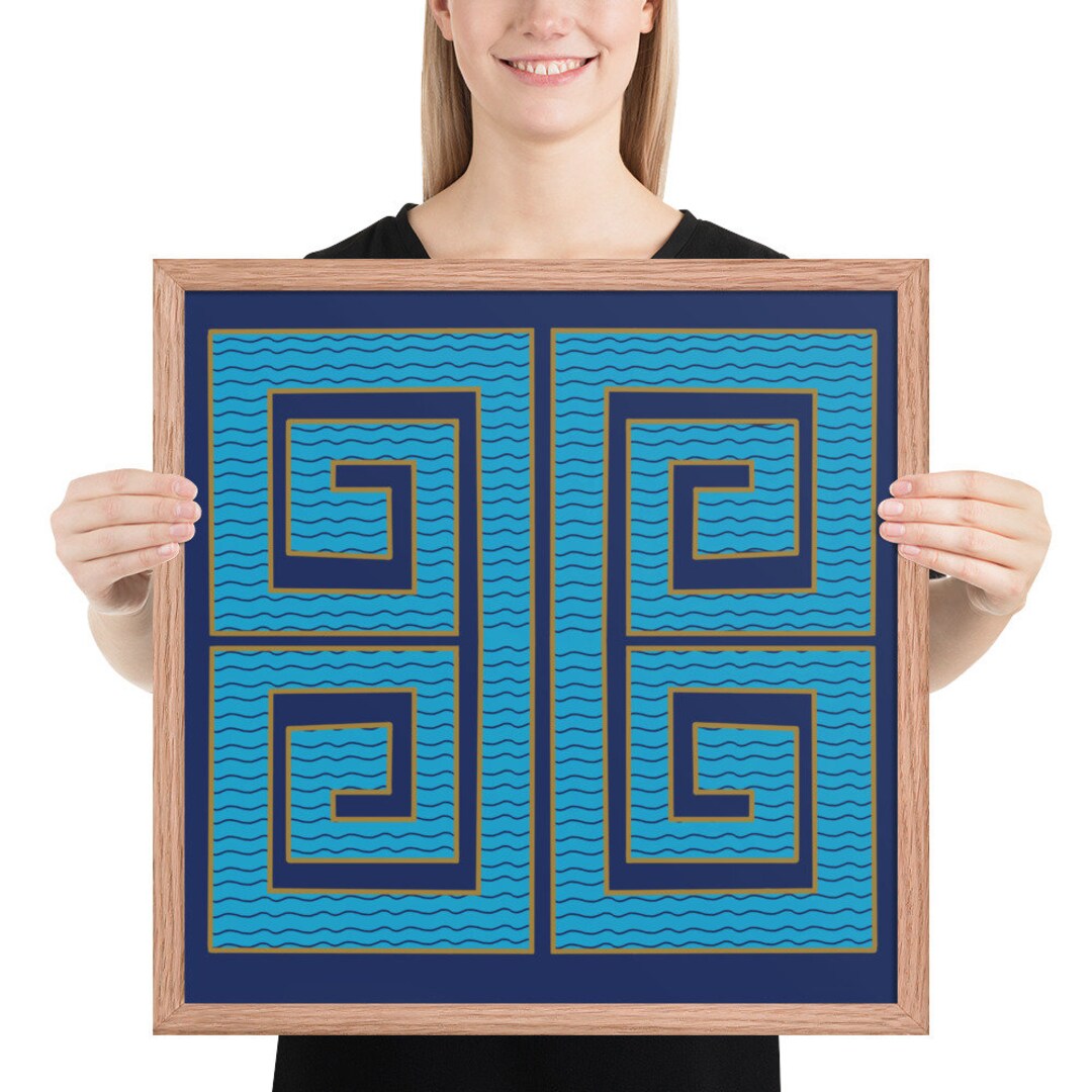 Framed Blue Waves Greek Tile Painting, Ready to Hang Greek Art Print ...