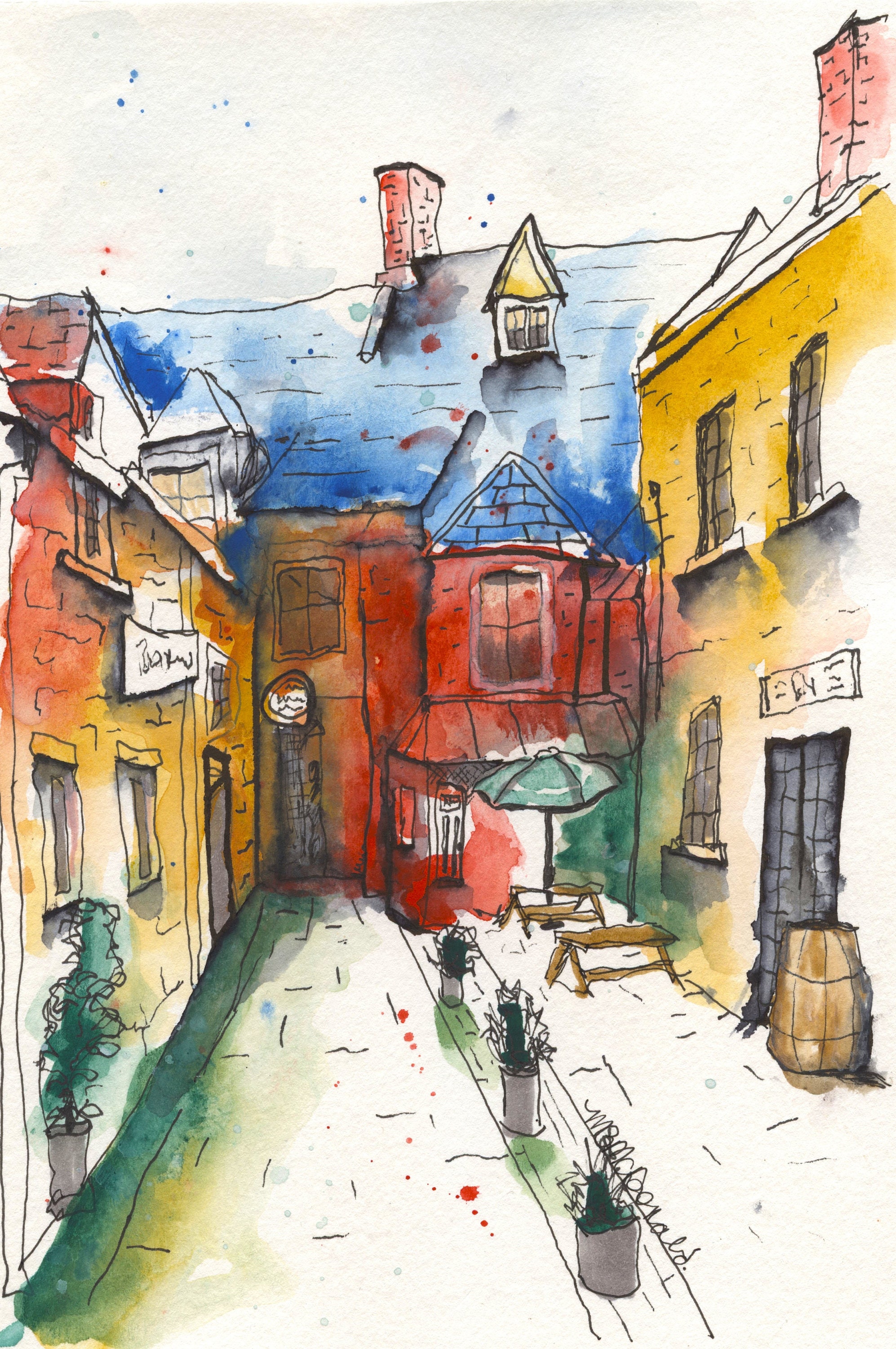 Cityscape Street Scene Art Print, Watercolor Art Print, Ready to Hang ...