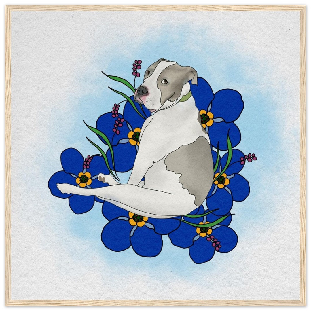 Framed Staffordshire Terrier and Florals Gouche Painting, Ready to Hang ...