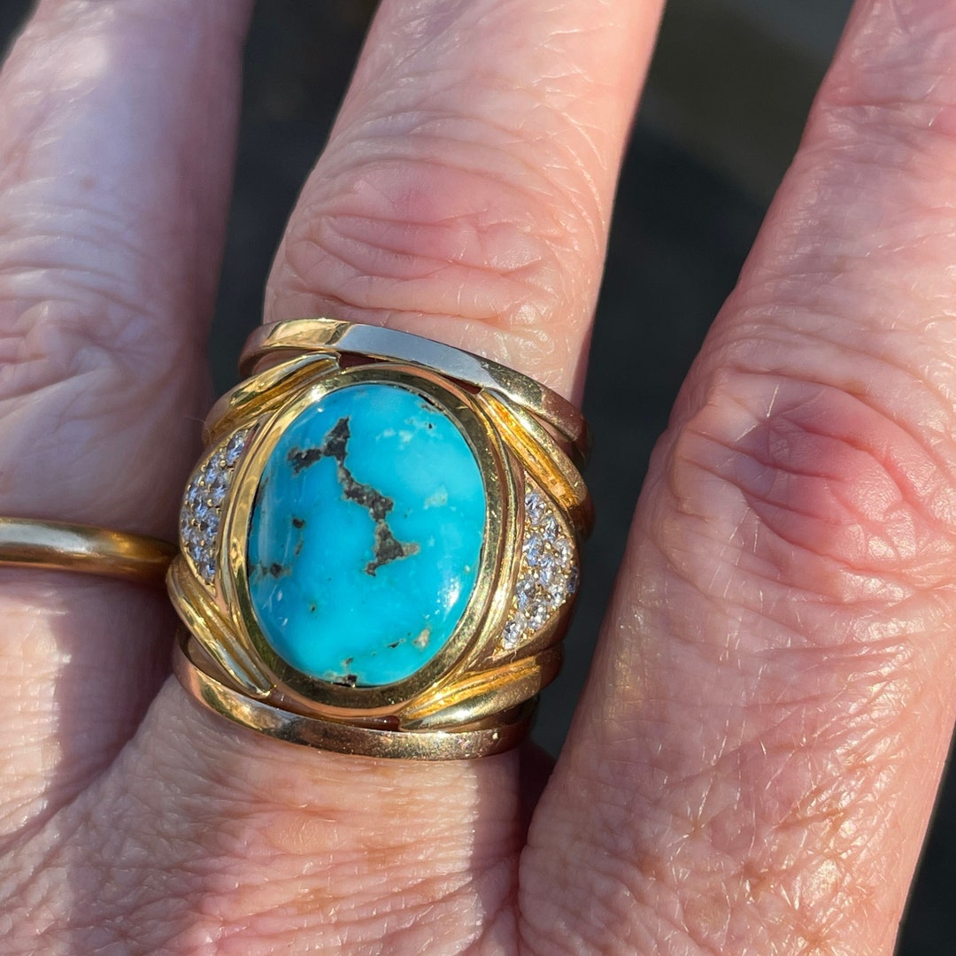 Vintage Large Turquoise Statement Ring 18K Yellow Gold Turquoise Ring ...