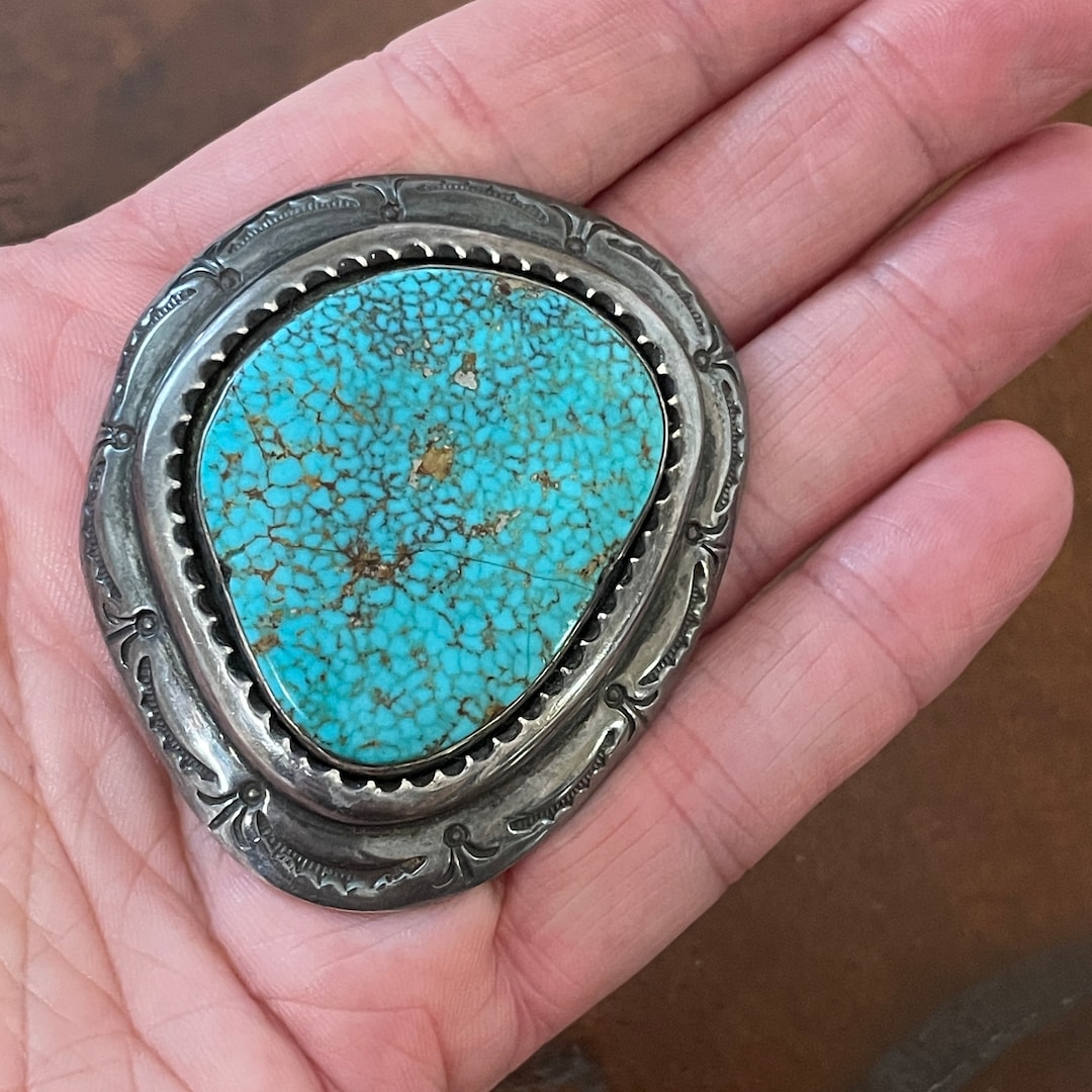 Vintage Number 8 Turquoise Sterling Silver Brooch 40ct Spiderweb ...