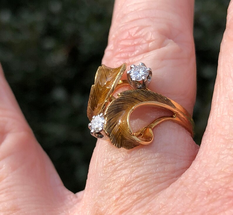 Vintage Dutch 14K Yellow Gold Enamel and Diamond Leaf Ring Size 6.5 14K ...