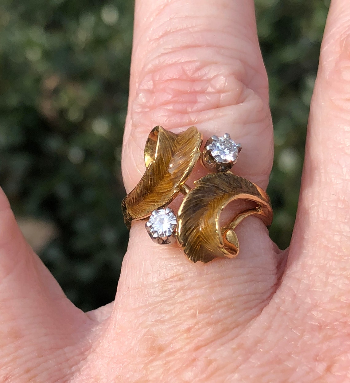 Vintage Dutch 14K Yellow Gold Enamel and Diamond Leaf Ring - Etsy