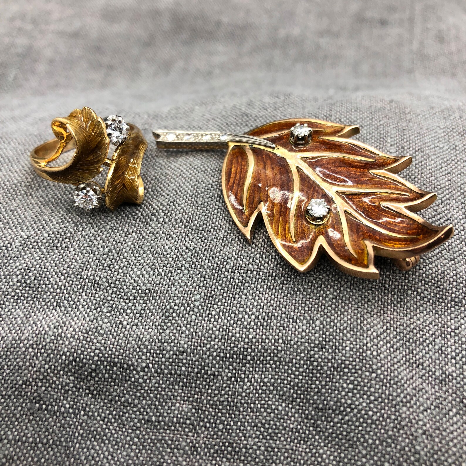 Vintage Dutch 14K Yellow Gold Enamel and Diamond Leaf Ring Size 6.5 14K ...