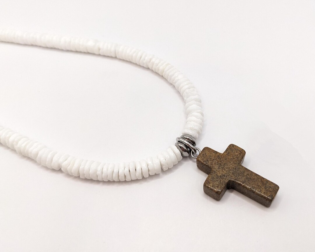White Puka Shell Cross Necklace for Man, Surf Style Choker, Gift for ...