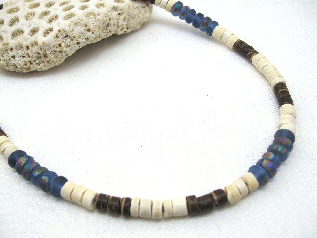 Mens Coconut Surf Necklace, Blue Art Glass, Beach Jewelry - Etsy