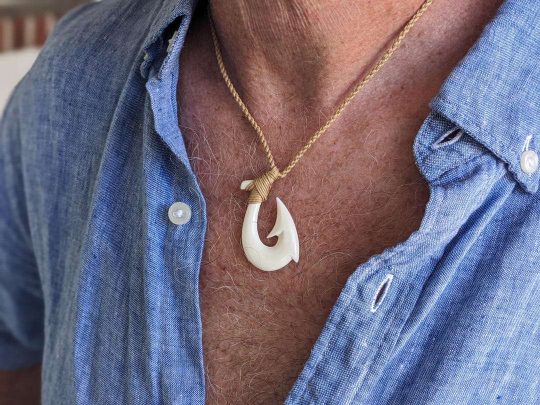 Mens Hawaiian Fish Hook Necklace, Adjustable Hemp With White Bone Makau ...
