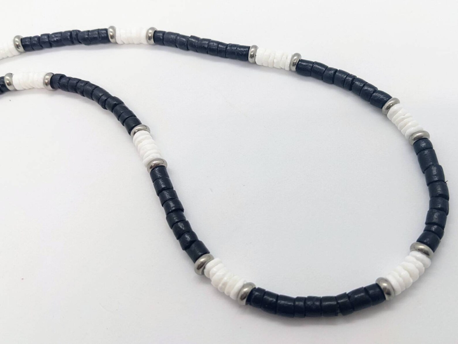 Mens Necklace Black and White Puka, Beaded Necklace, Puka Shell, Surfer ...