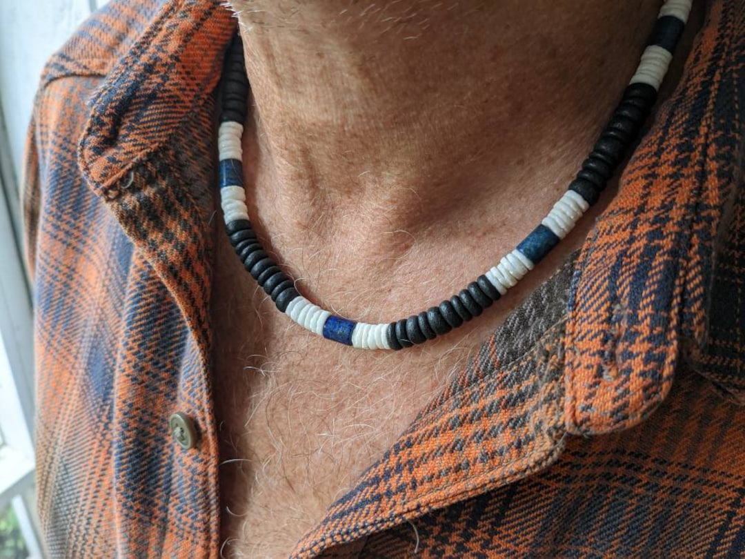Mens Surf Necklace, Blue Lapis Hawaiian Surf Style, Large Beaded Choker ...