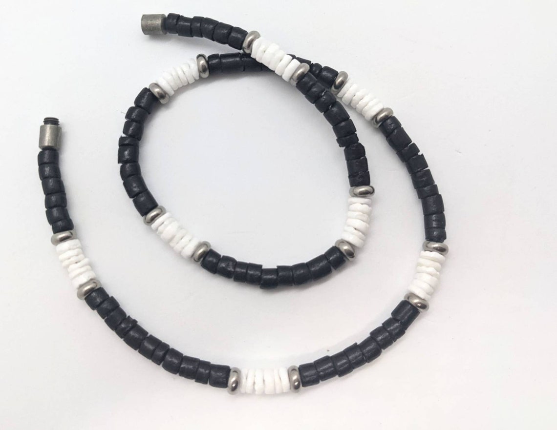 Mens Necklace Black and White Puka, Beaded Necklace, Puka Shell, Surfer ...