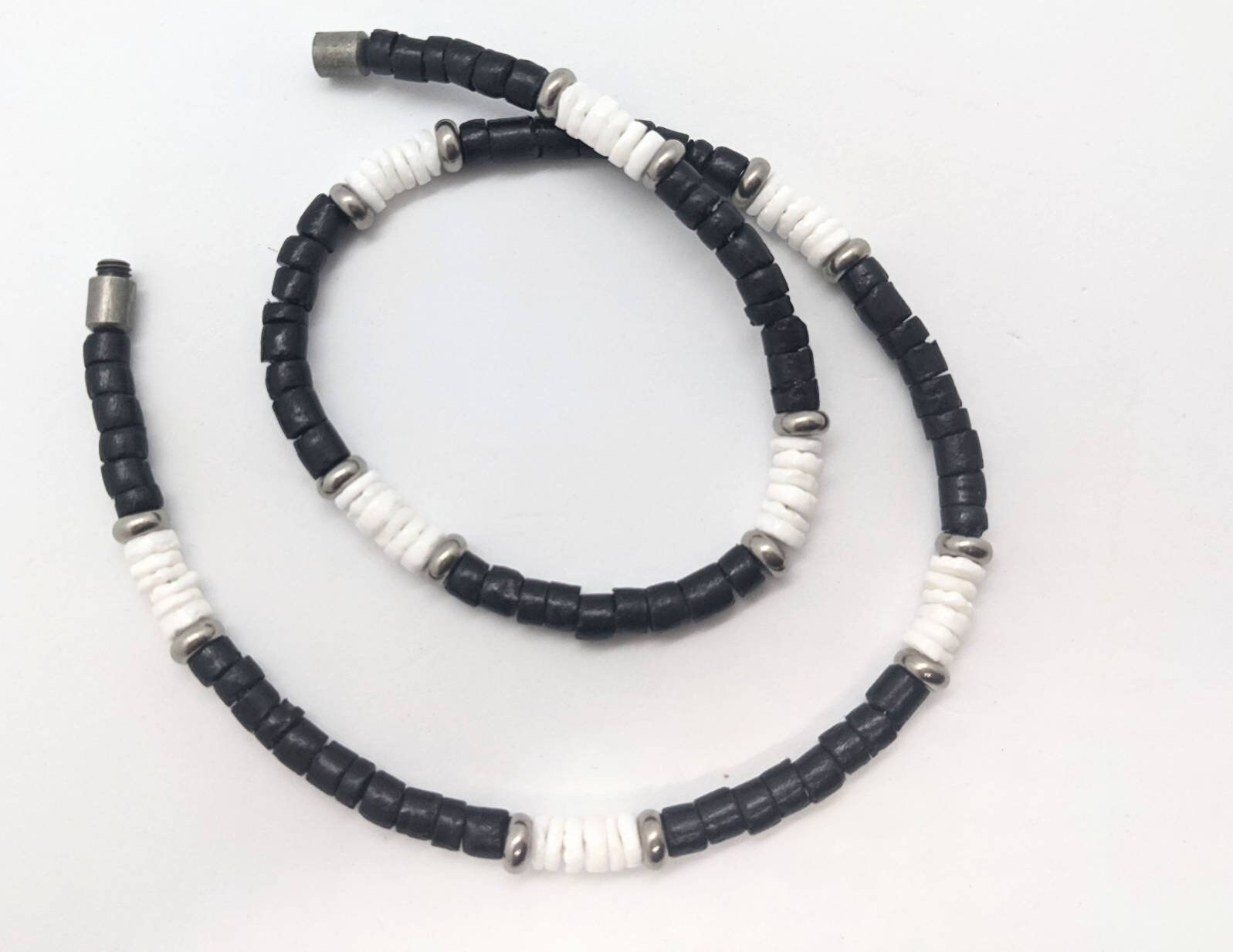 Mens Necklace Black and White Puka, Beaded Necklace, Puka Shell, Surfer ...