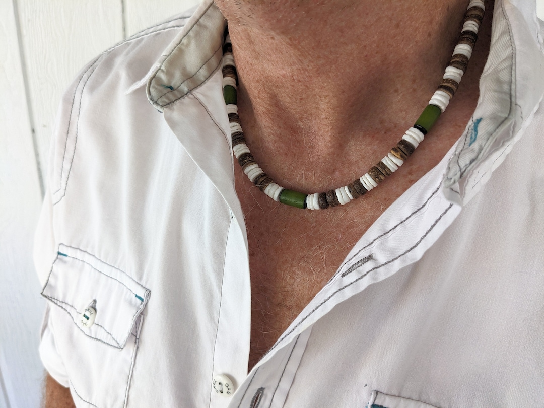 White Puka Shell Surf Necklace, Mens Beaded Surfer Style, Hawaiian ...