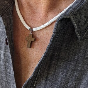 White Puka Shell Cross Necklace for Man, Surf Style Choker, Gift for ...