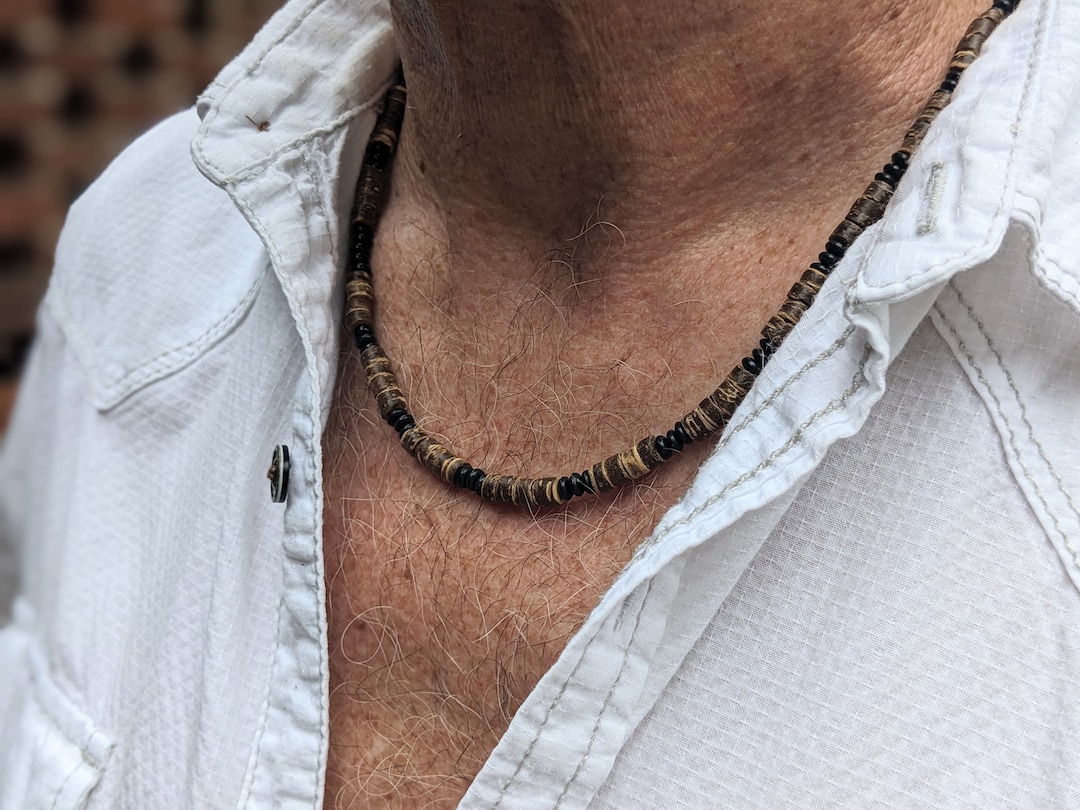 Mens Necklace, Boys Necklace in Surf Style, Waved Coconut and Black ...