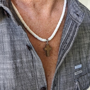 White Puka Shell Cross Necklace for Man, Surf Style Choker, Gift for ...