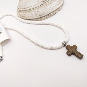 White Puka Shell Cross Necklace for Man, Surf Style Choker, Gift for ...